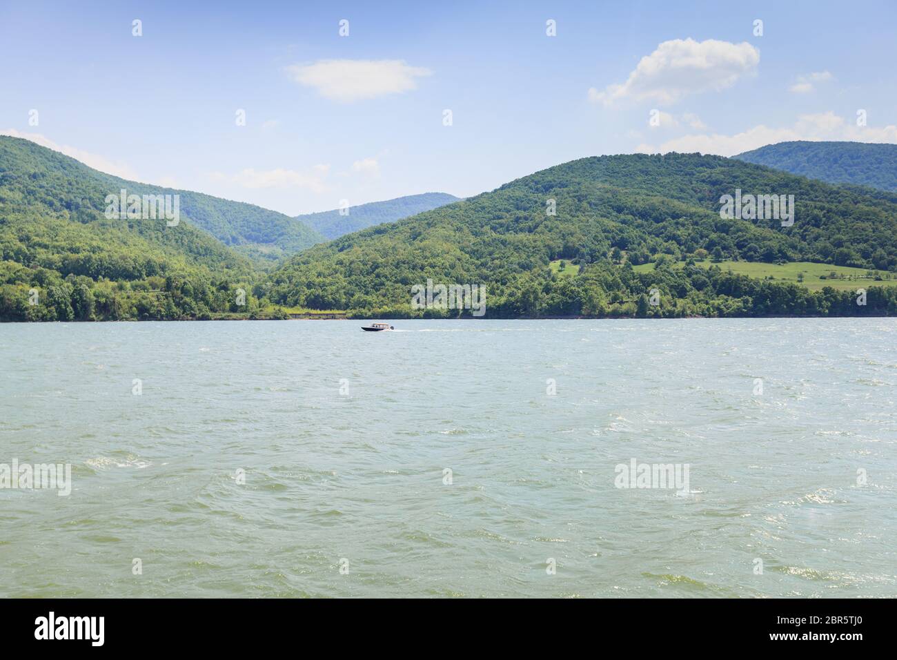 View of Danube river landscape with hills and green forest in the ...
