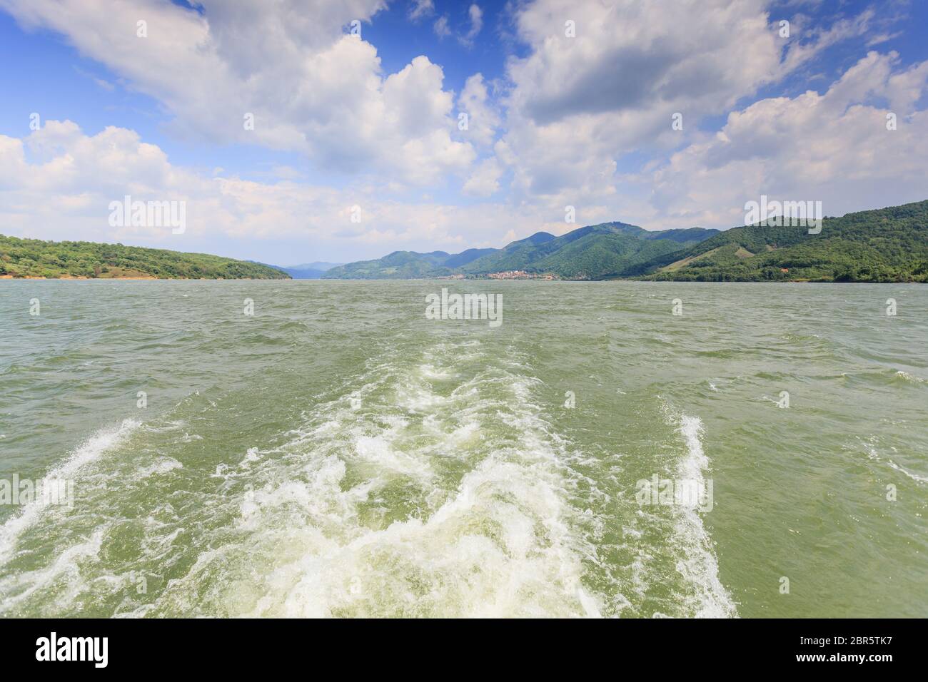 Danube river landscape with hills and green forest in Djerdap National ...