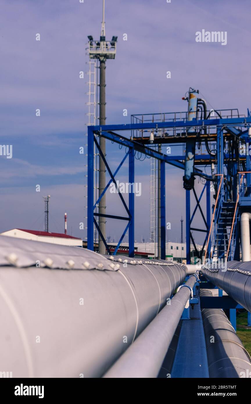 Pipeline and pipe rack of petroleum industrial plant. Offshore Industry ...