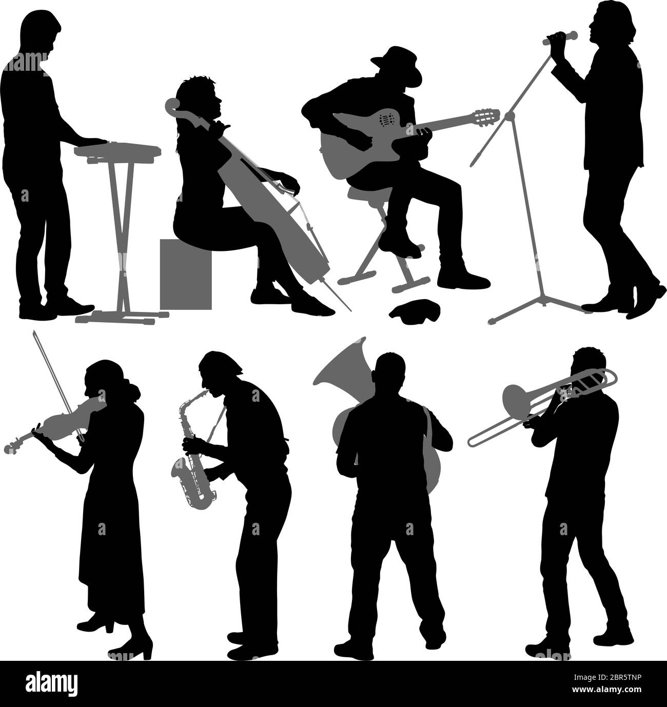 Silhouettes street musicians playing instruments on a white background ...