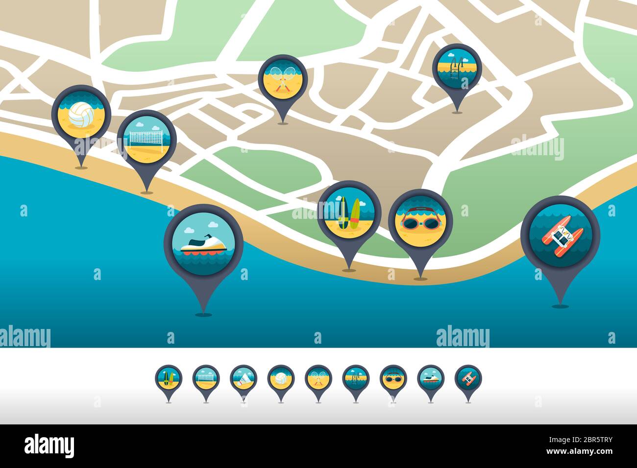 Beach activity vector pin map icon located on the map. Summer time Map ...