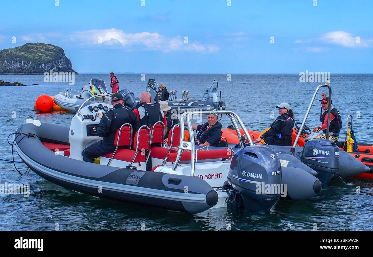 Safety RIBs awaiting start of dinghy racing Stock Photo - Alamy