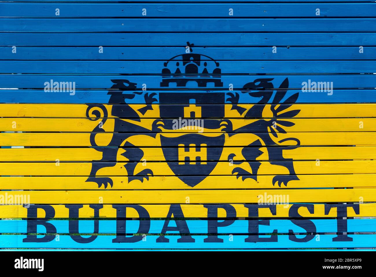 Park bench in Budapest, Hungary with the coat of arms of Budapest Stock ...