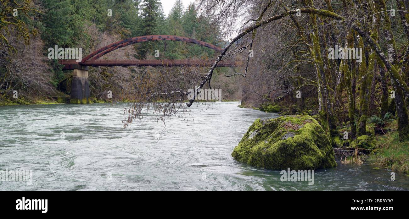 A rustic arch bridge provides a way to walk across the Umpqua RIver in ...