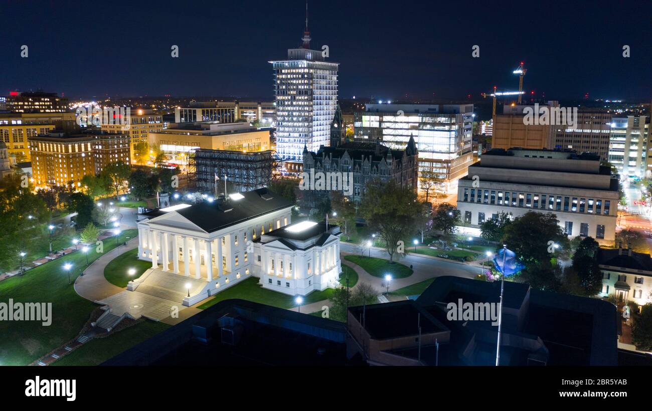 Aerrial view night time at the capital building grounds in Richmond ...