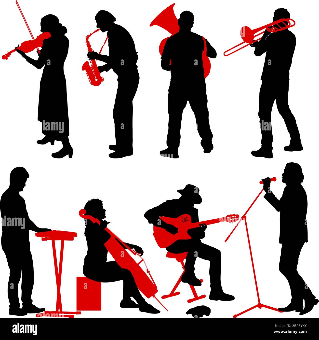 Silhouettes street musicians playing instruments on a white background ...