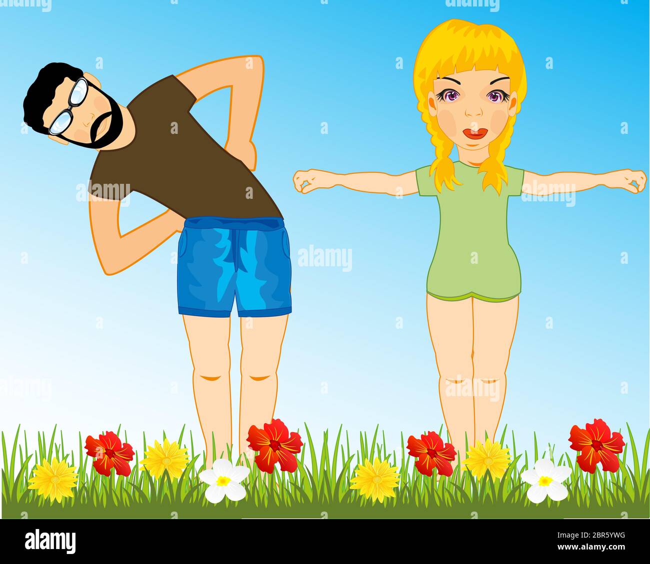 Vector illustration of the girl and men doing gymnastic exercises on ...