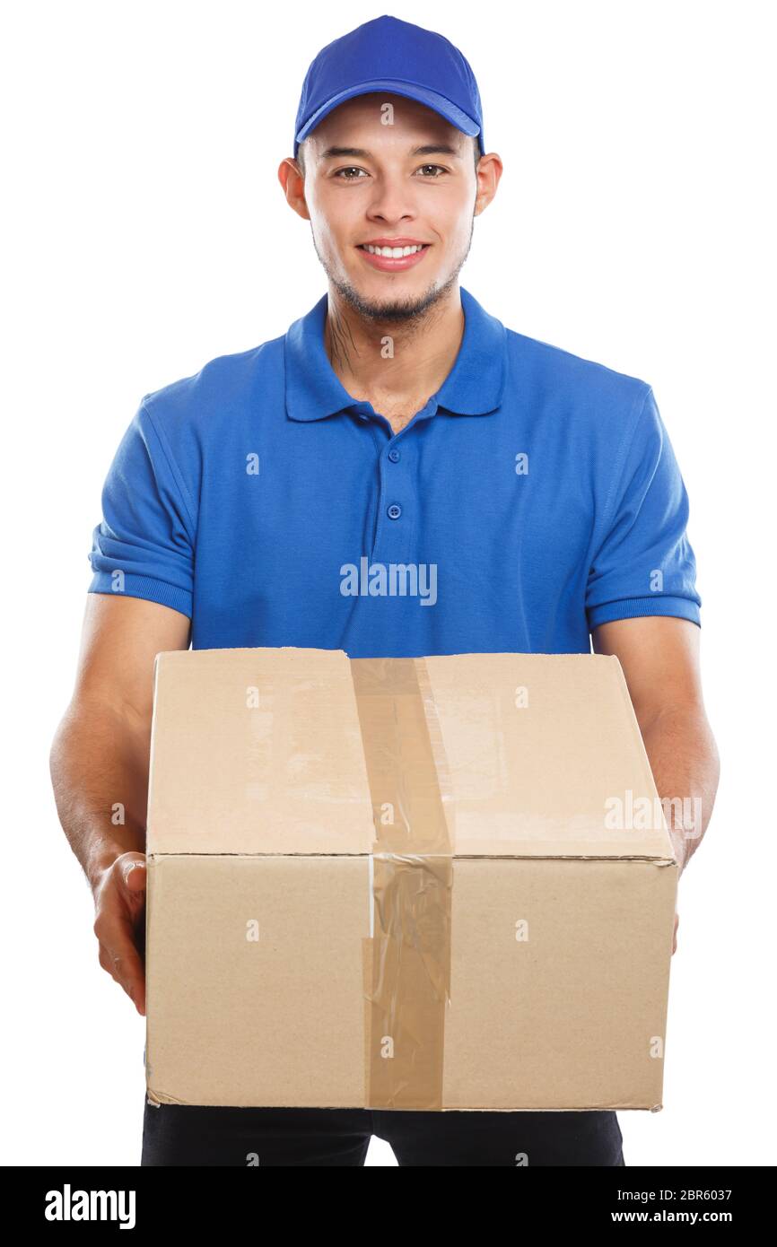 Parcel delivery service box package order delivering job young latin ...