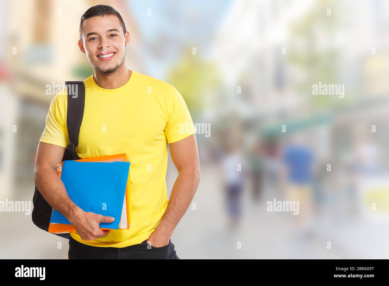 Student young man town copyspace copy space learning smiling people ...