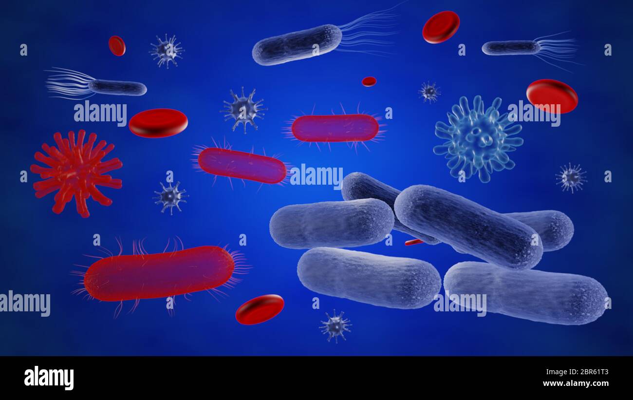 Different types of micro-organisms and some red blood cells. 3d ...