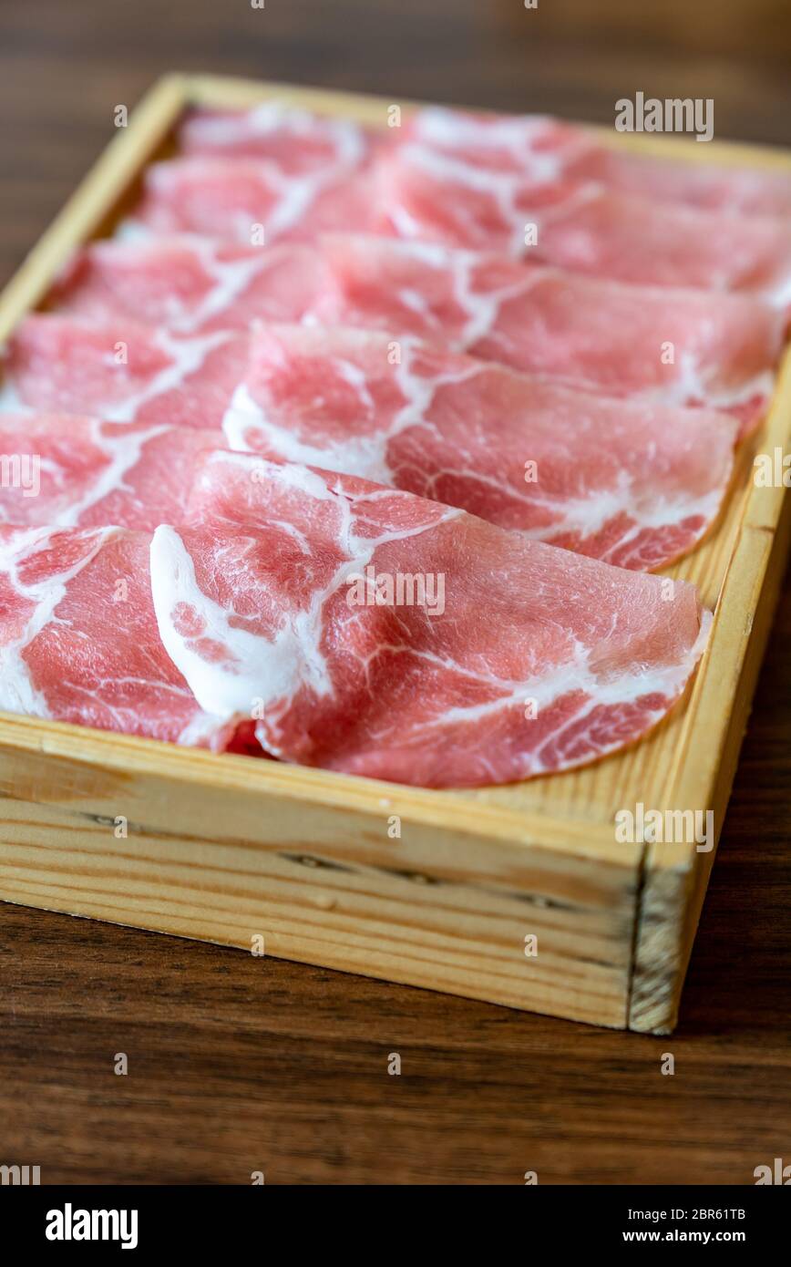 Raw Kurobuta pork meat set ready to cook Shabu shabu and sukiyaki Stock ...