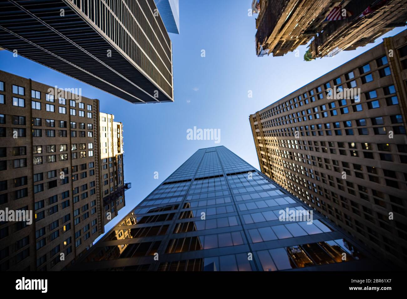 Blurred Background of low angle view of skyscrapers in New York Stock ...