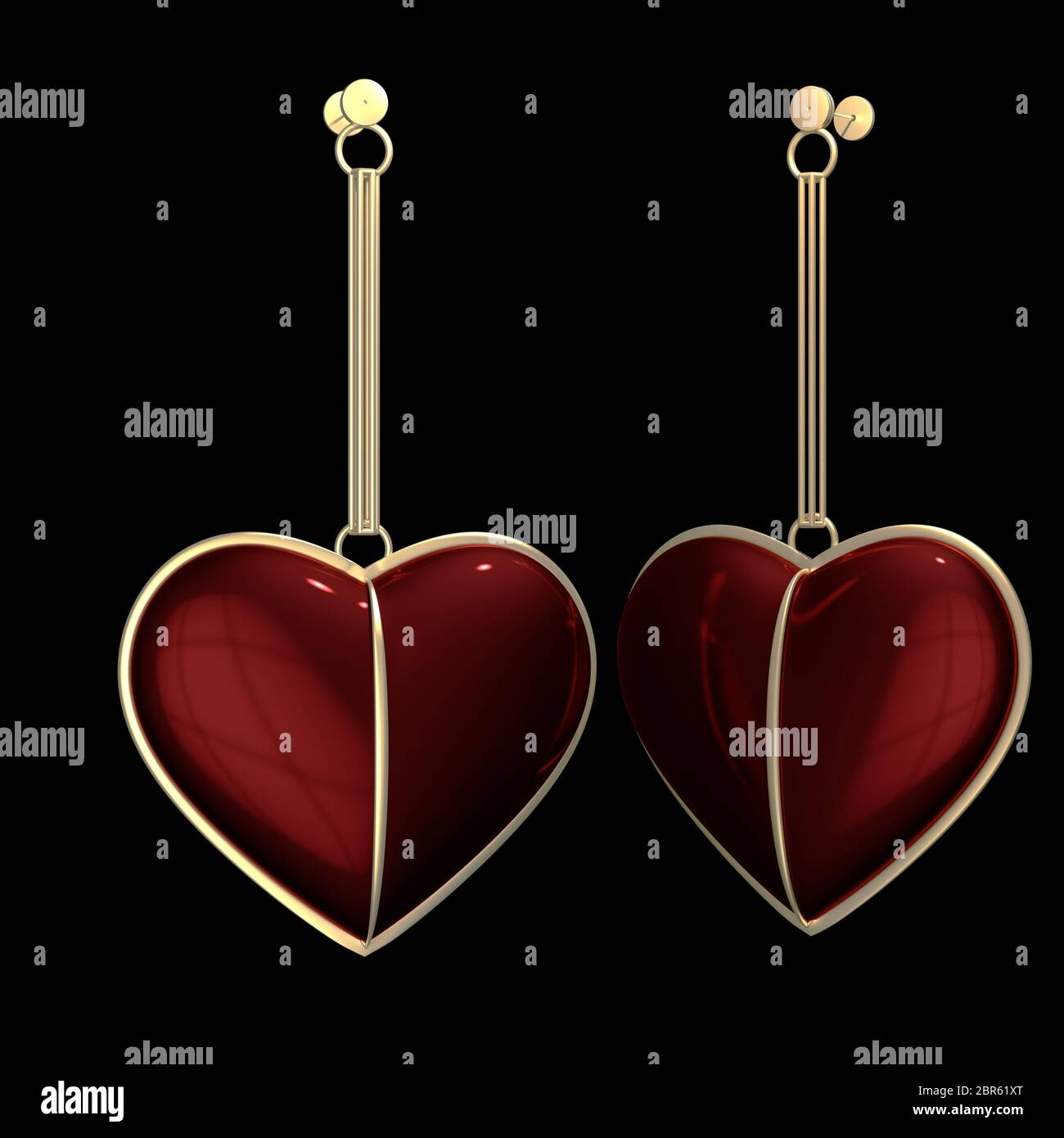 3D CGI render of Heart shaped love earrings with gold and ruby Stock ...