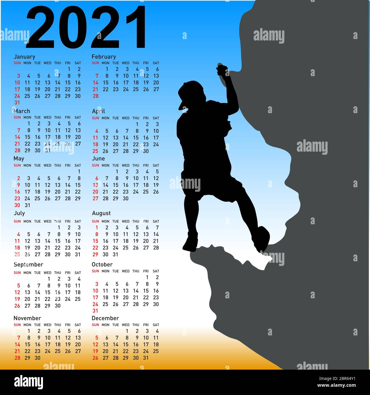 Stylish calendar with silhouette rock climber on against the blue sky ...