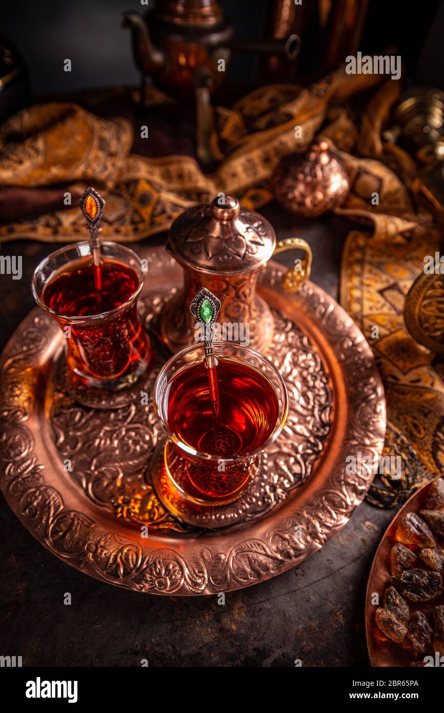 Two cups of turkish tea served in traditional style Stock Photo - Alamy