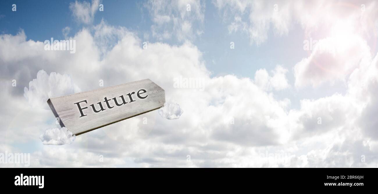 Sign in the blue sky with the word Future with sunlight and space for ...