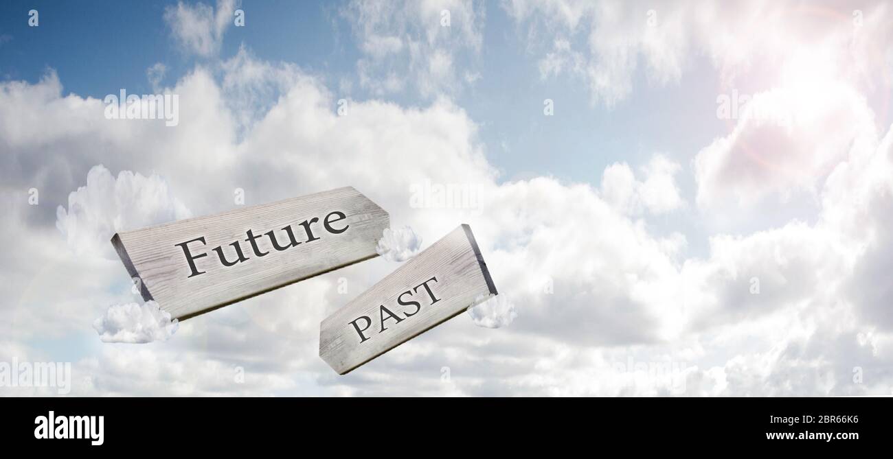 Concept image of Future Past and Present on a signpost against the sky ...