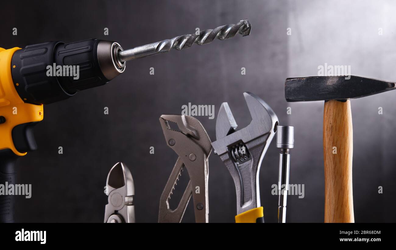 Composition with different kinds of hardware tools including cordless ...