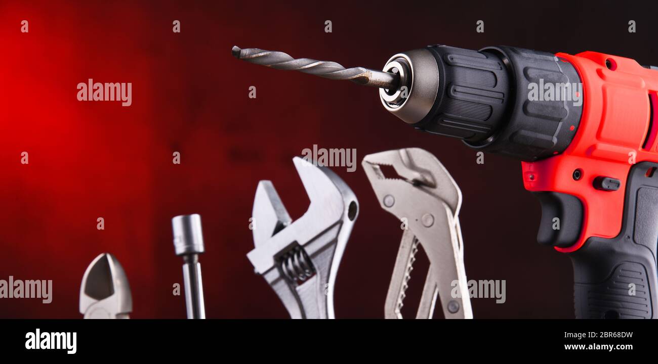 Composition with different kinds of hardware tools including cordless ...