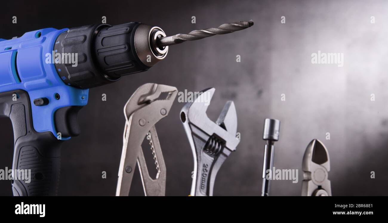 Composition with different kinds of hardware tools including cordless ...