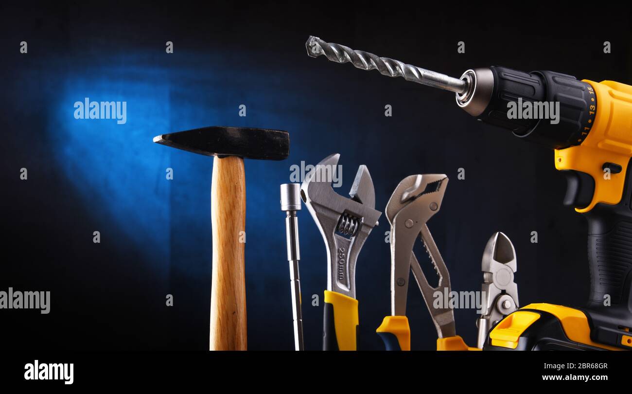 Composition with different kinds of hardware tools including cordless ...