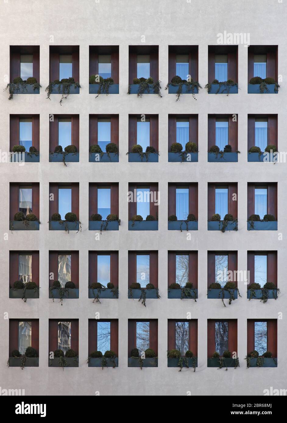 Plant Bushes in Windows at Modern Building Repetition Stock Photo - Alamy