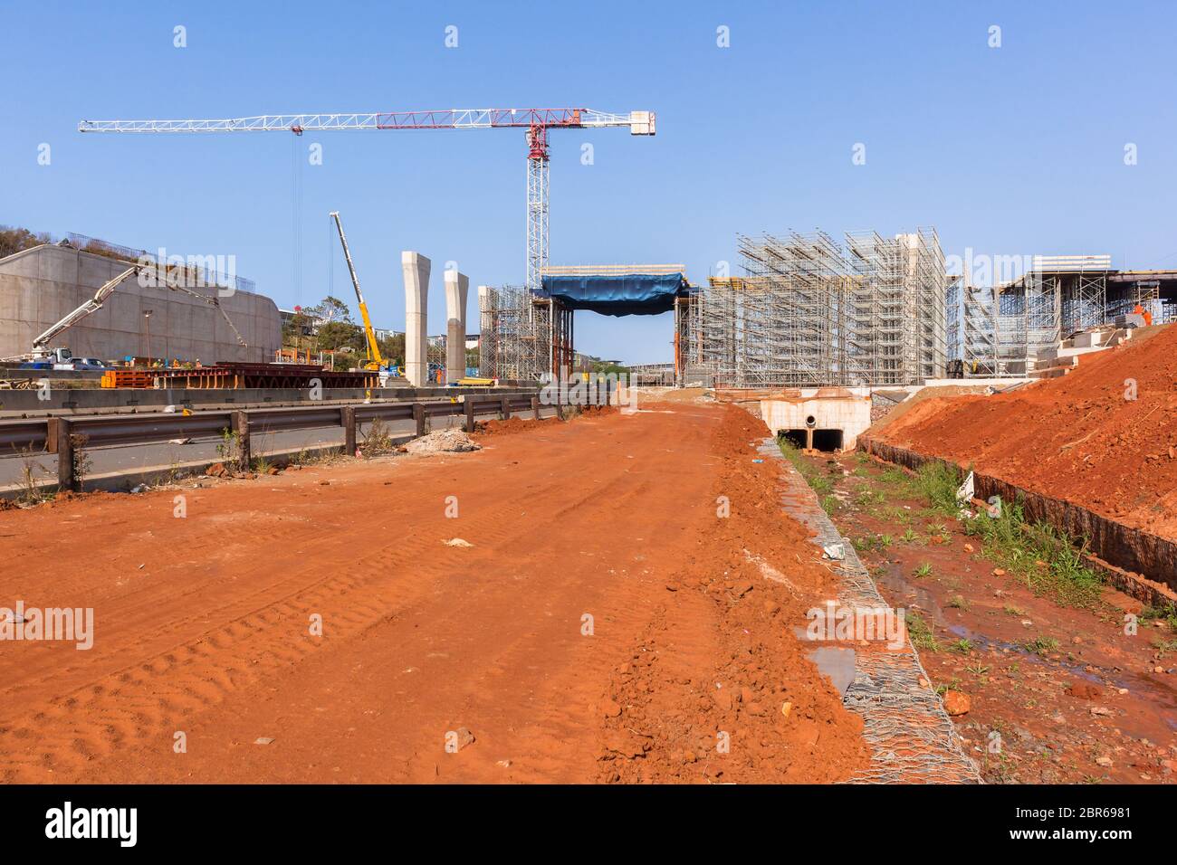 New Bridge construction crane steel scaffolding supports on building ...