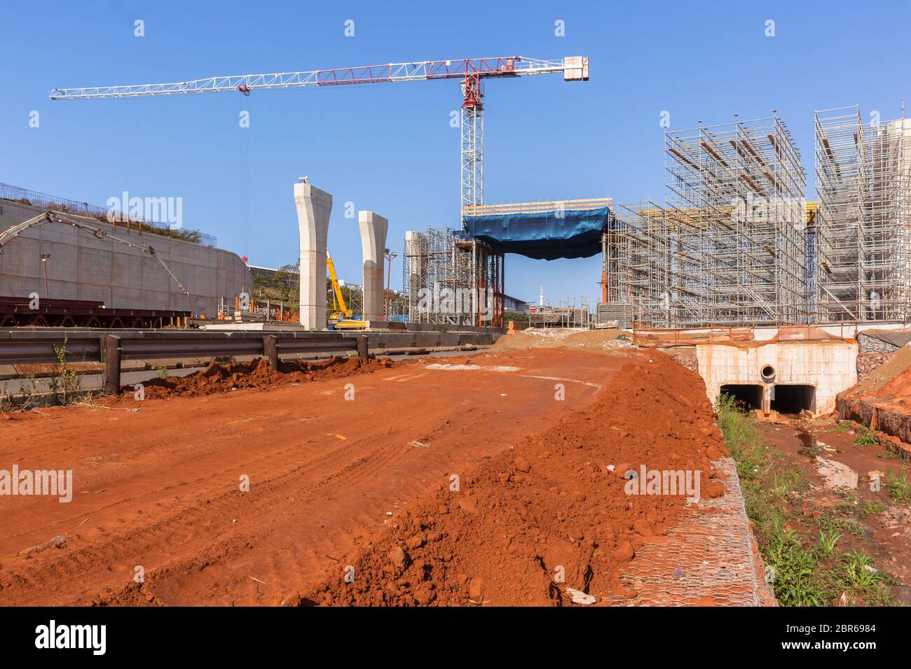 New Bridge construction crane steel scaffolding supports on building ...