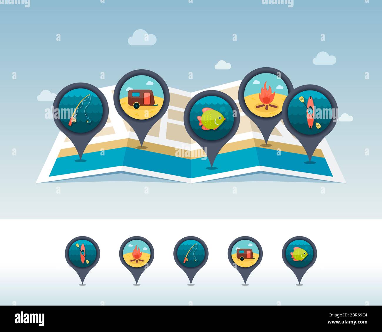 Fishing rod, kayak, camping trailer, campfire and fish pin map icon ...