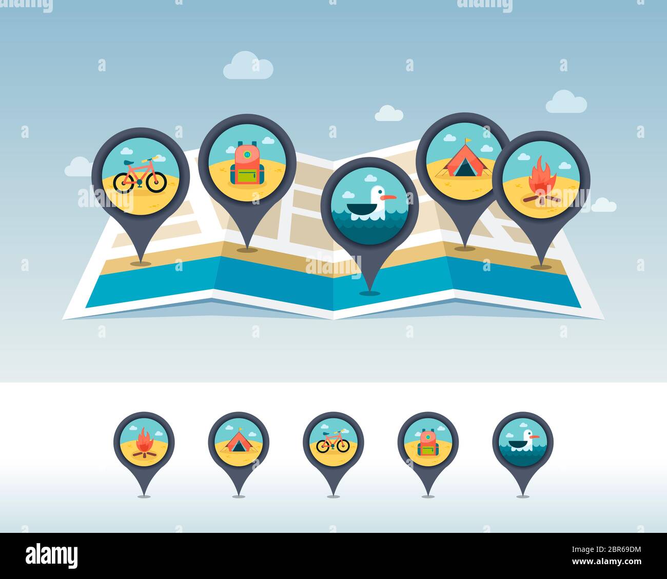 Camp tent, bicycle, campfire, backpack and seagull pin map icon located ...