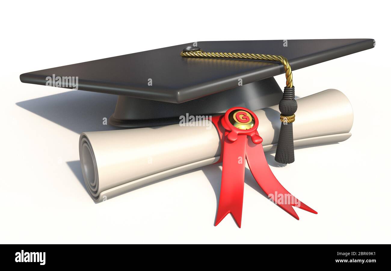 Graduation cap with diploma 3D render illustration isolated on white ...