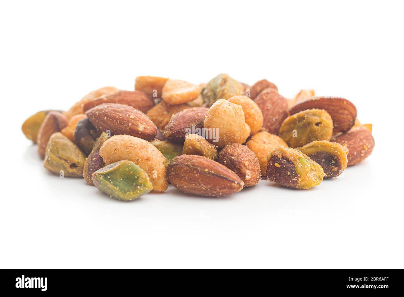 Spicy flavoured nuts. Mix of nuts isolated on white background Stock ...