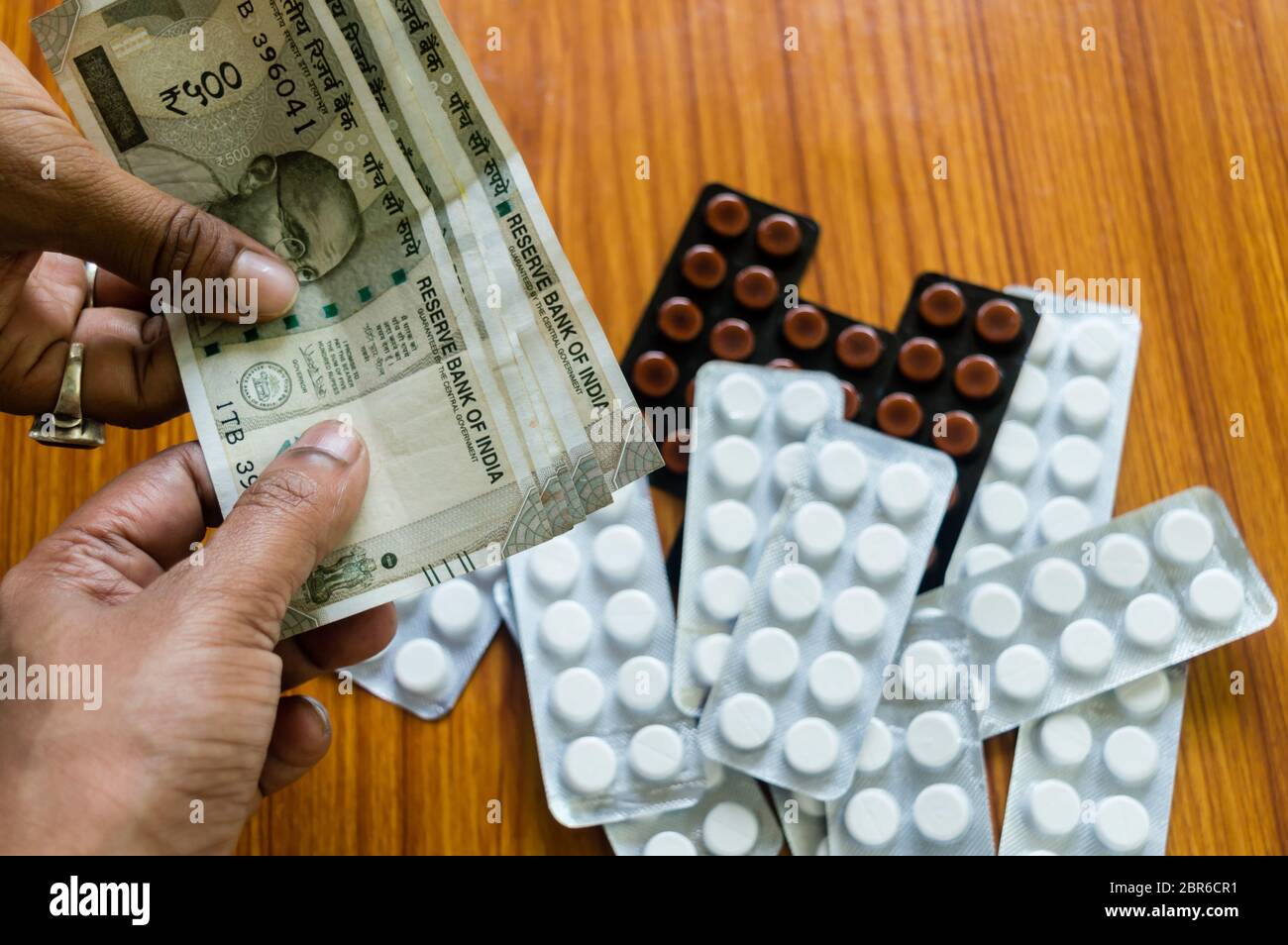 Customer giving money to buy drug at drugstore pharmacy. Close up view ...