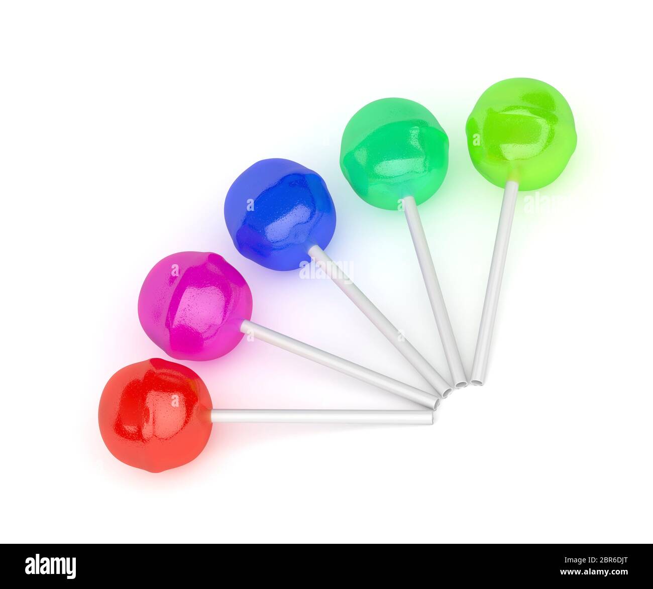 Five lollipops with different colors and flavors on white background ...