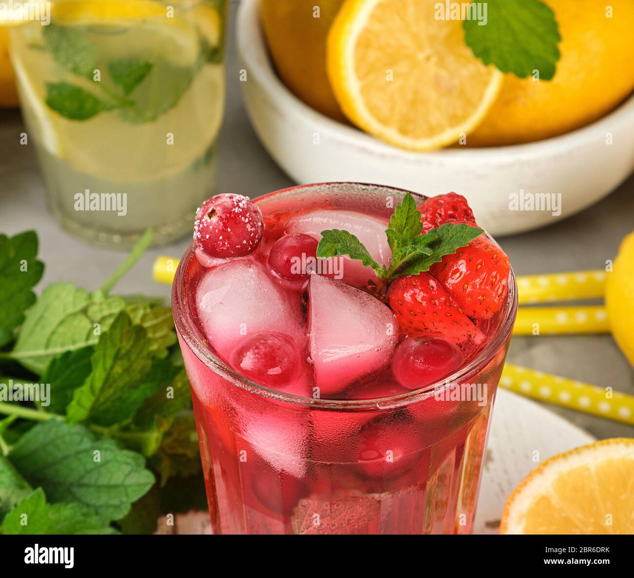 red strawberry lemonade in a glass, top view, close up Stock Photo - Alamy