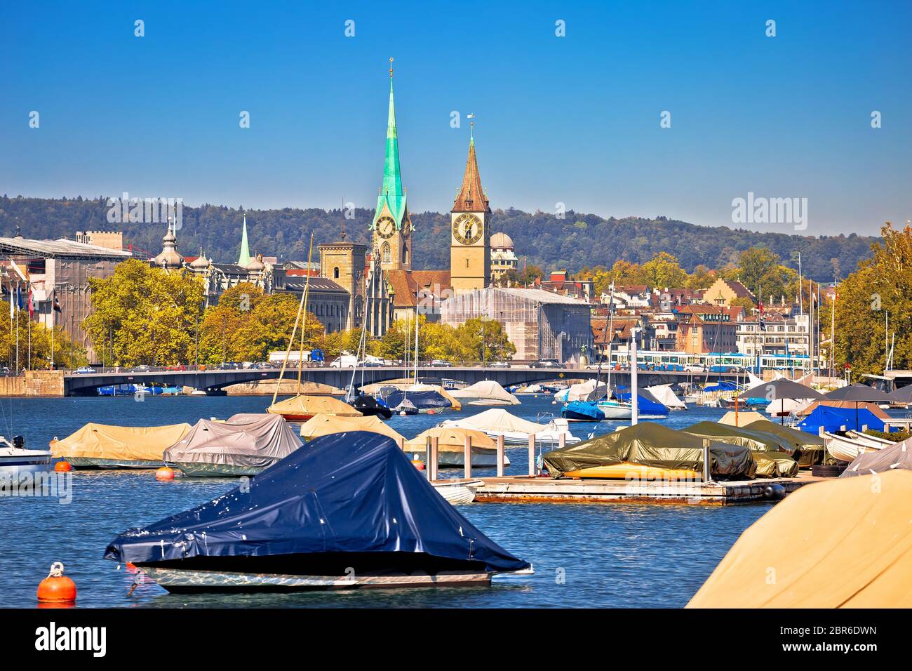Zurich waterfront landmarks and church colorful view, lake view ...