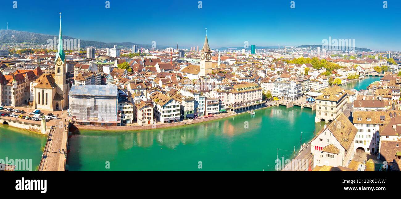 Zurich and Limmat river waterfront aerial panoramic view, largest city ...