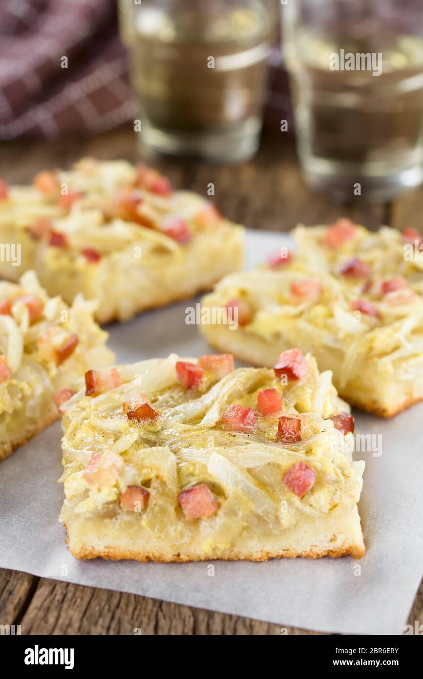 Fresh homemade traditional German Zwiebelkuchen onion cake, a savory ...
