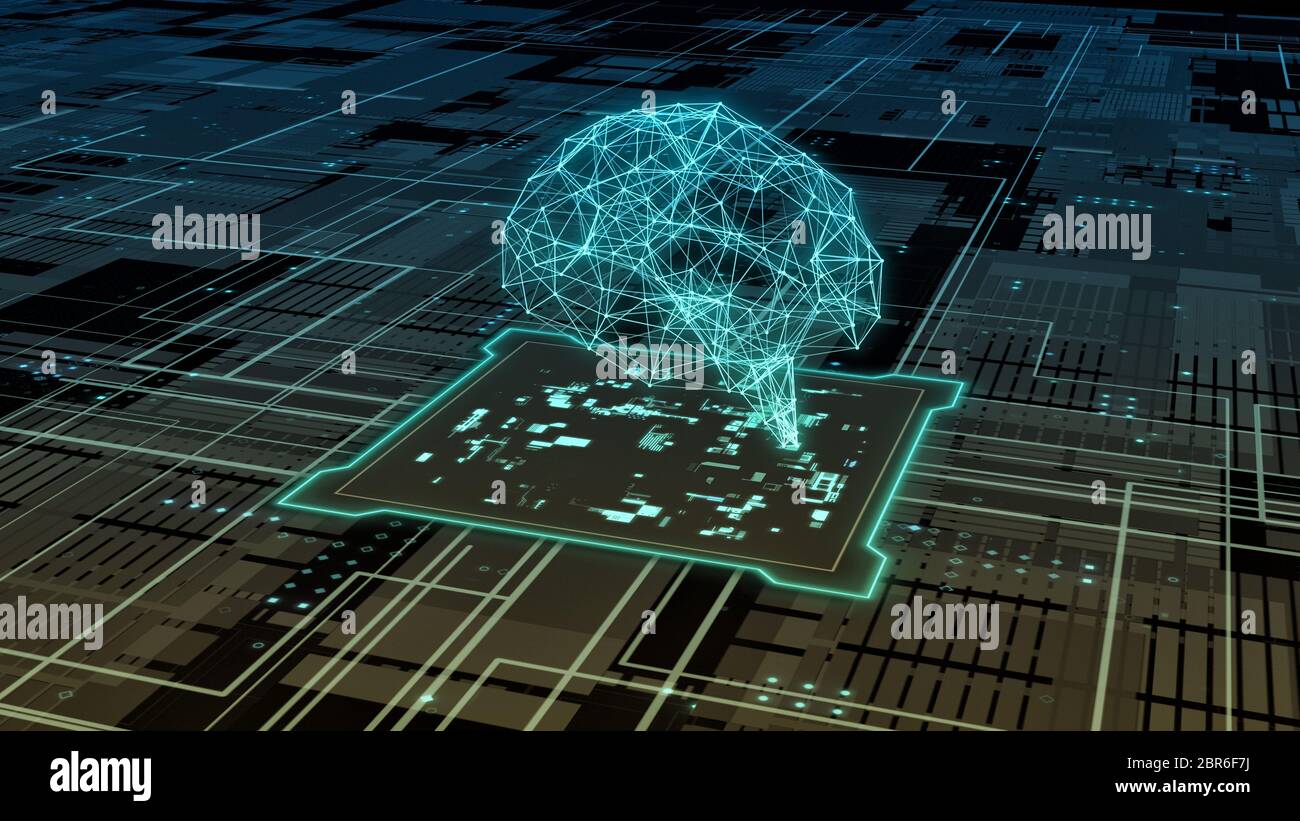 abstract circuit board with a cpu, data flow and a human brain in ...
