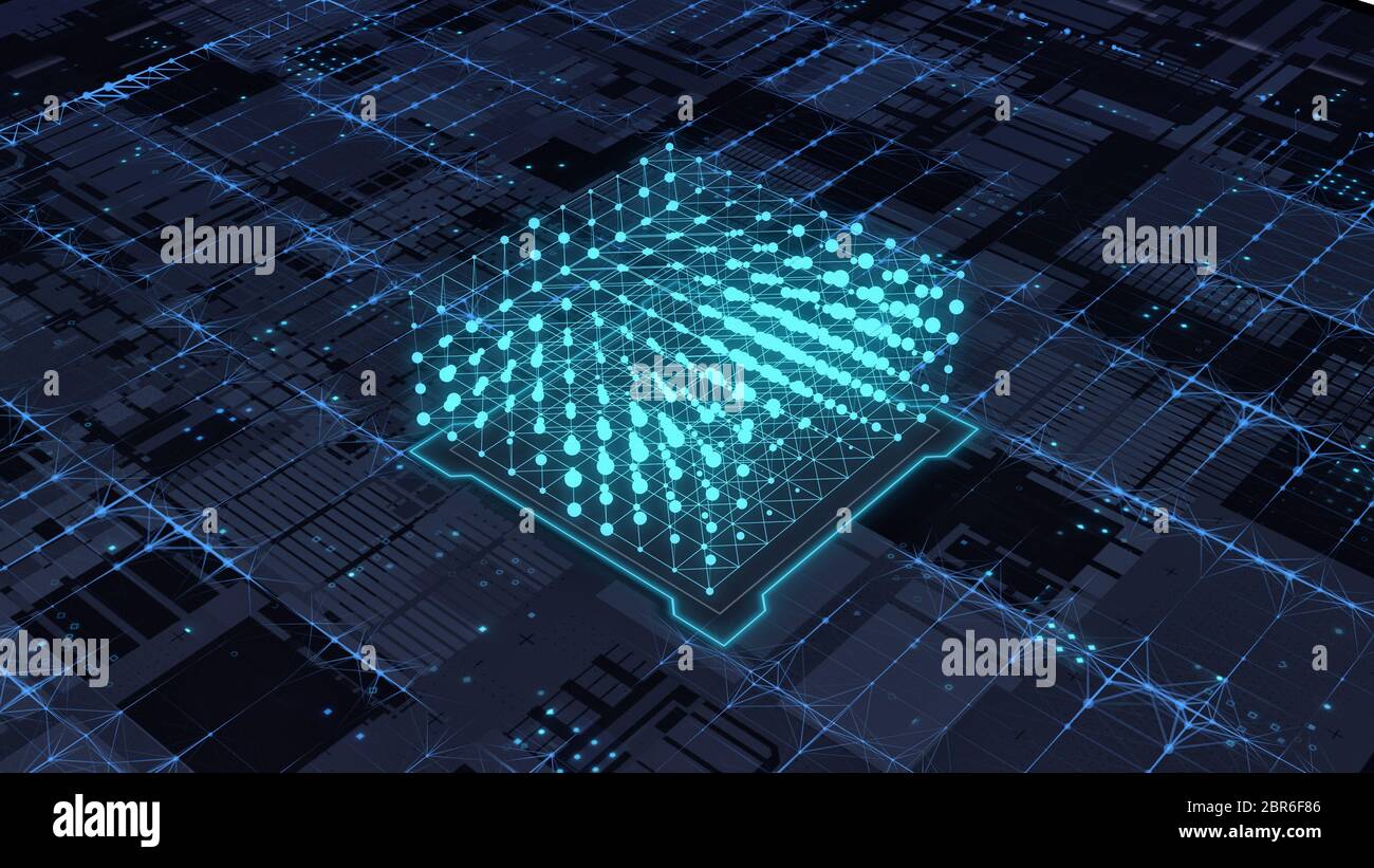 abstract futuristic circuit board with a central processing unit (3d ...