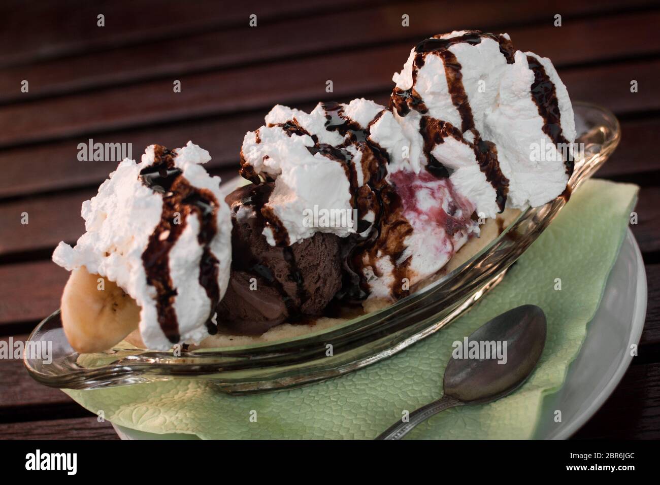 Delicious banana split dessert from bananas, ice cream and whipped ...