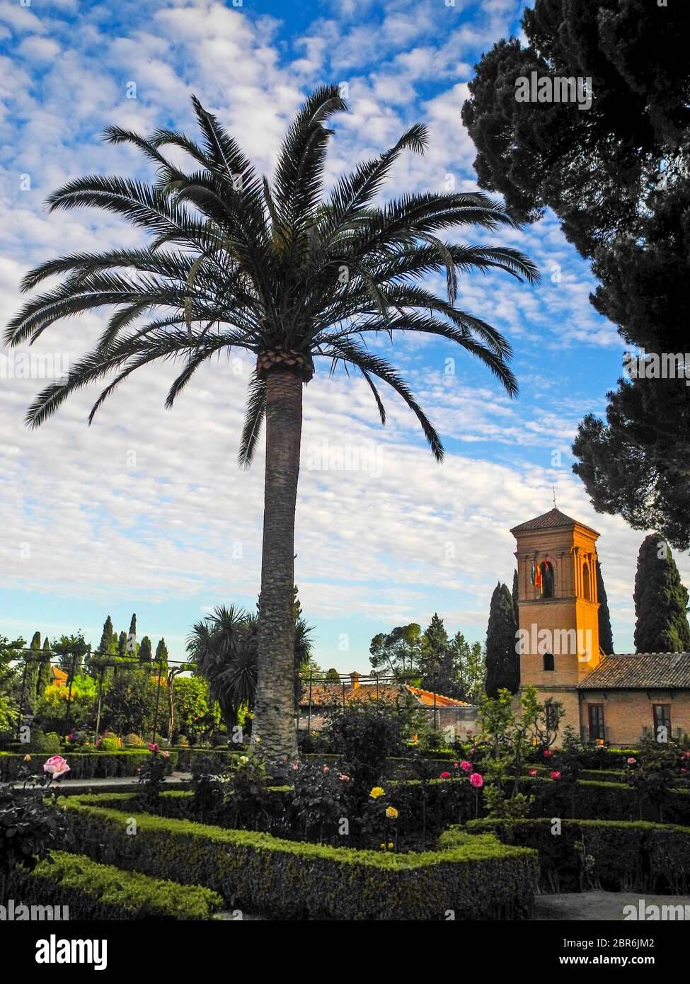 Granada, Spain - May 2 2015. Alhambra gardens morning beautiful view ...
