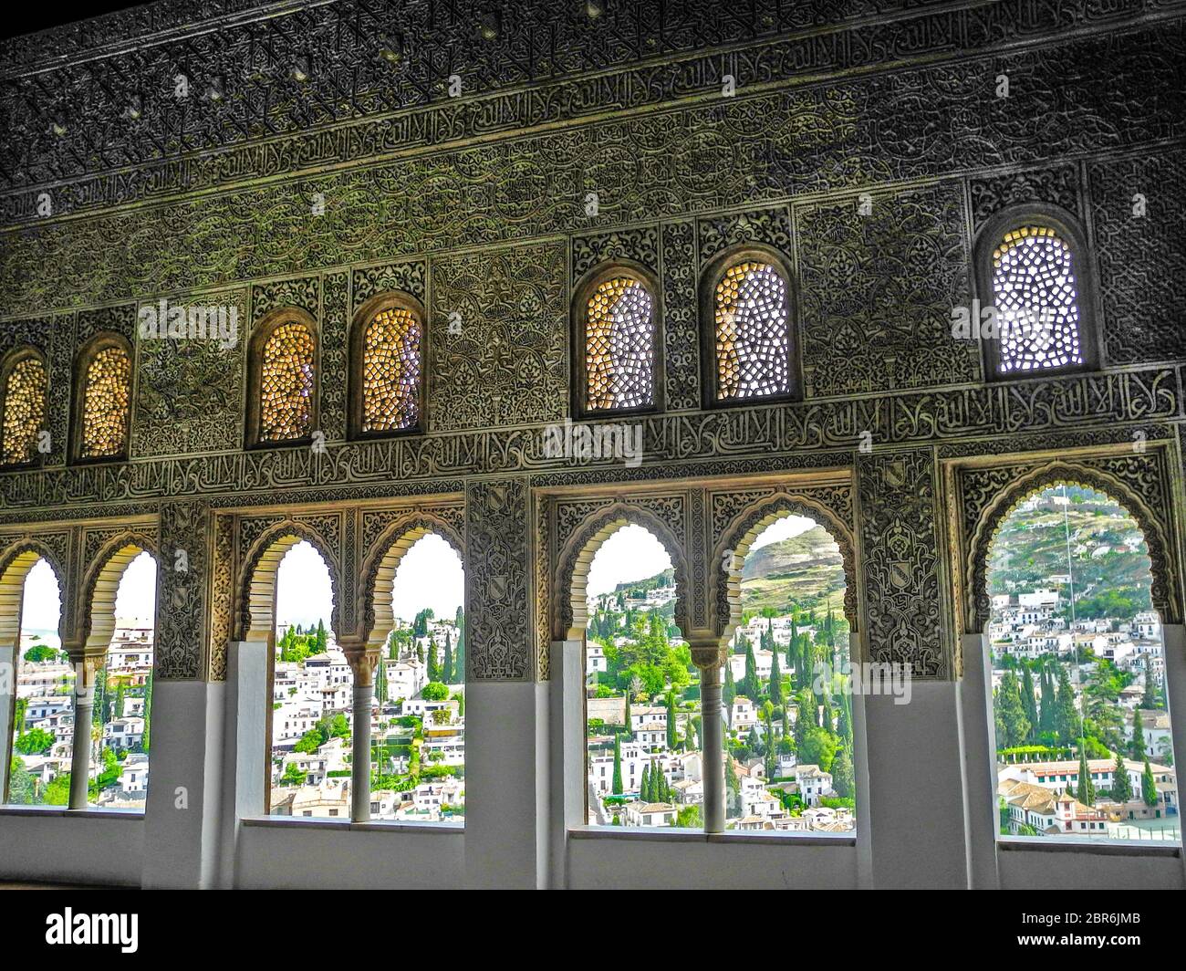 GRANADA, SPAIN - 2 MAY, 2015. Carved wooden windows view Granada ...