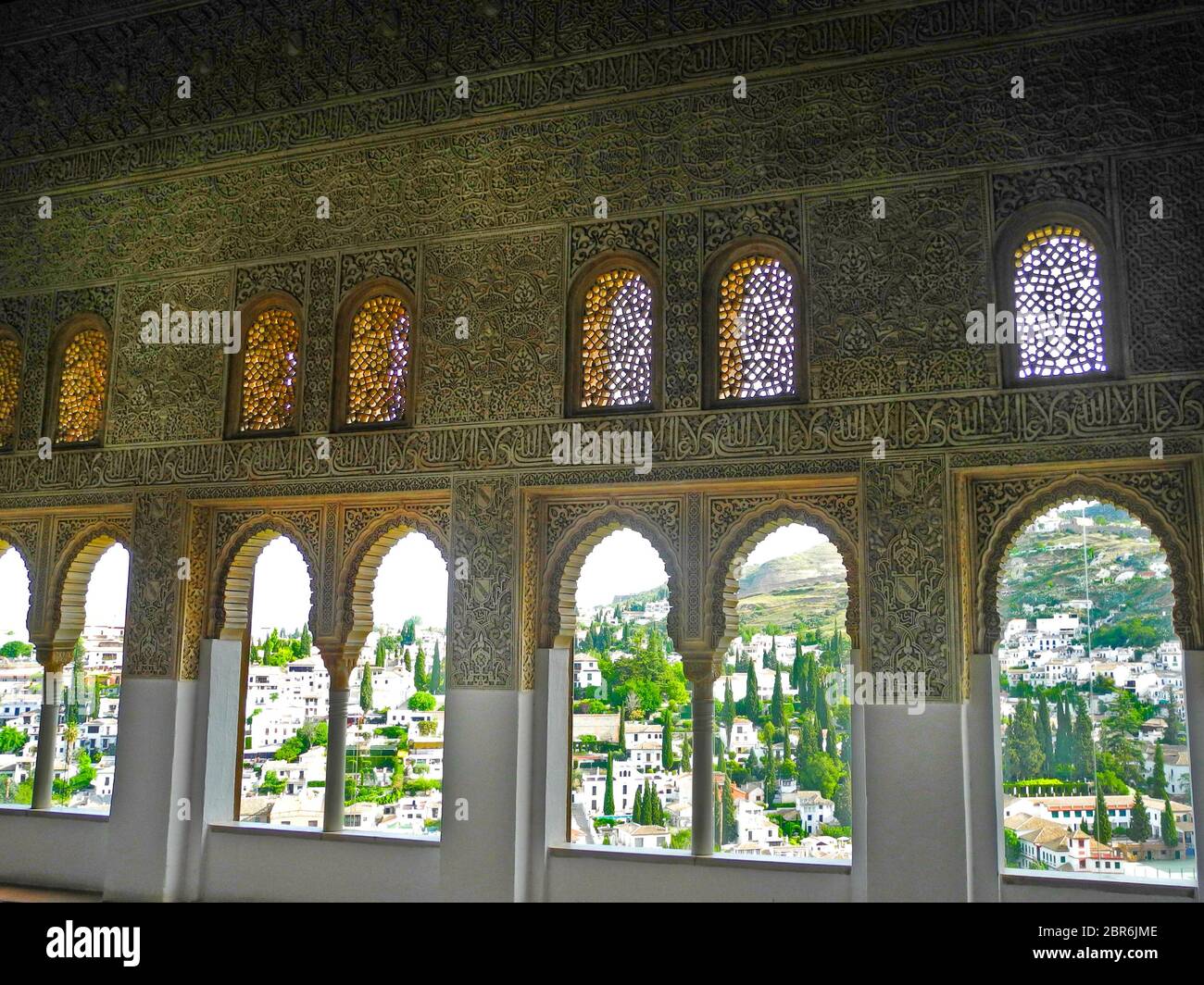 GRANADA, SPAIN - 2 MAY, 2015. Carved wooden windows view Granada ...