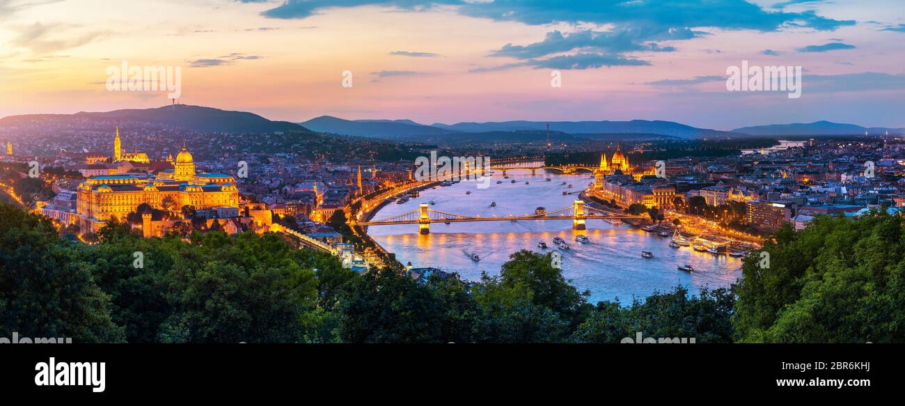 Panoramic view on landmarks of Budapest at sunset, Hungary Stock Photo ...