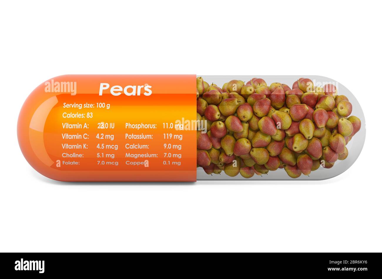 Pear, vitamins and minerals composition in pears. 3D rendering isolated ...