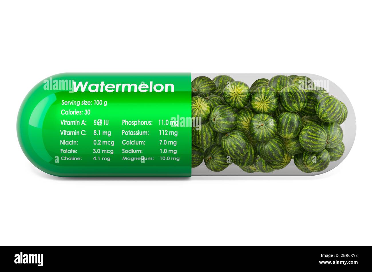 Watermelon, vitamins and minerals composition in watermelons. 3D ...