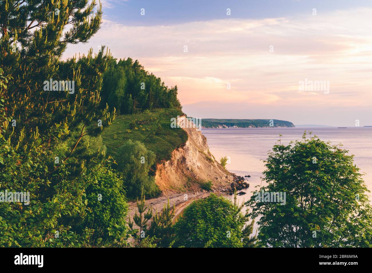 Sunrise light on the cliff with pine wood Stock Photo - Alamy