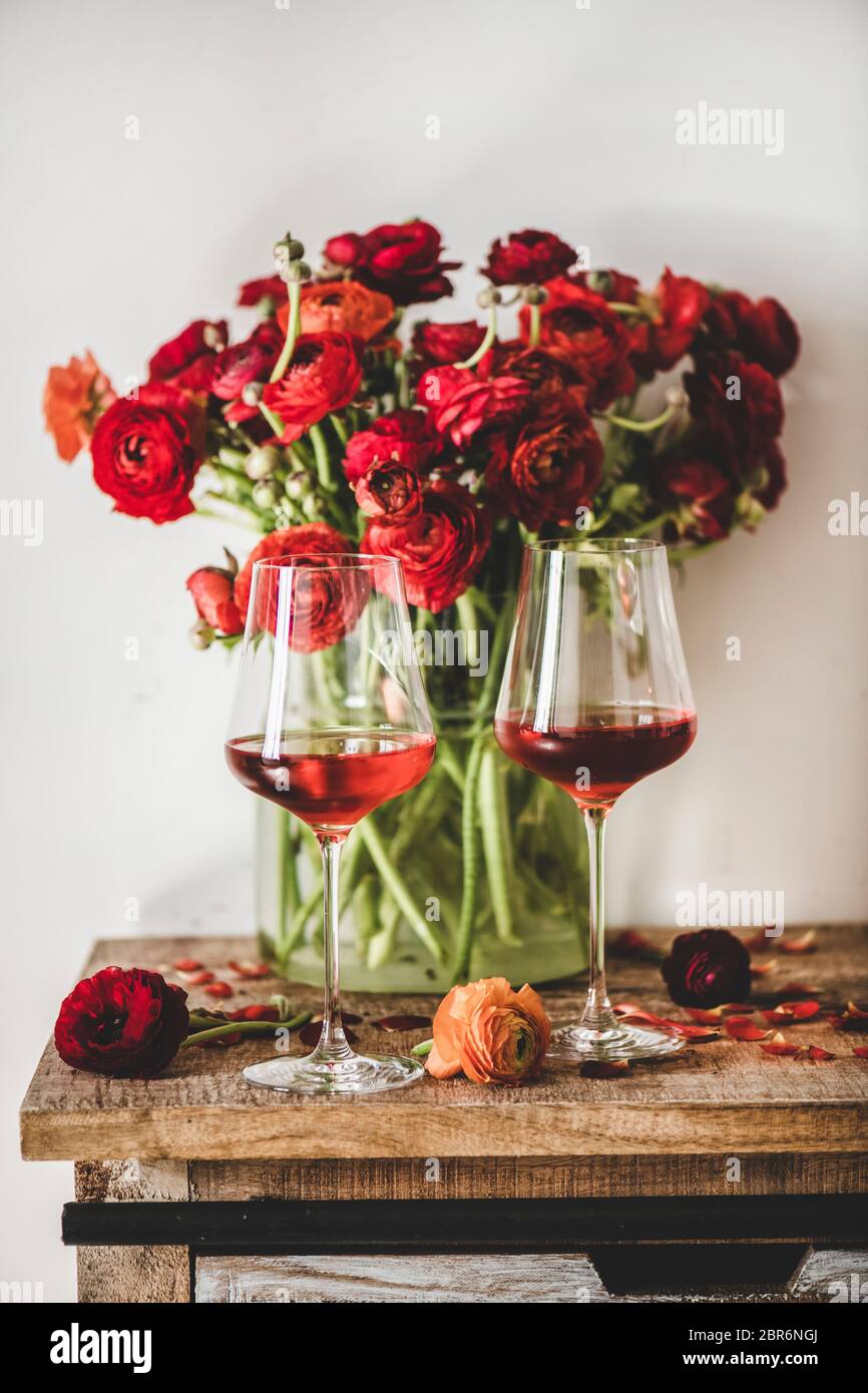 Shades of rose wine. Rose wine of different colors in glasses and red ...