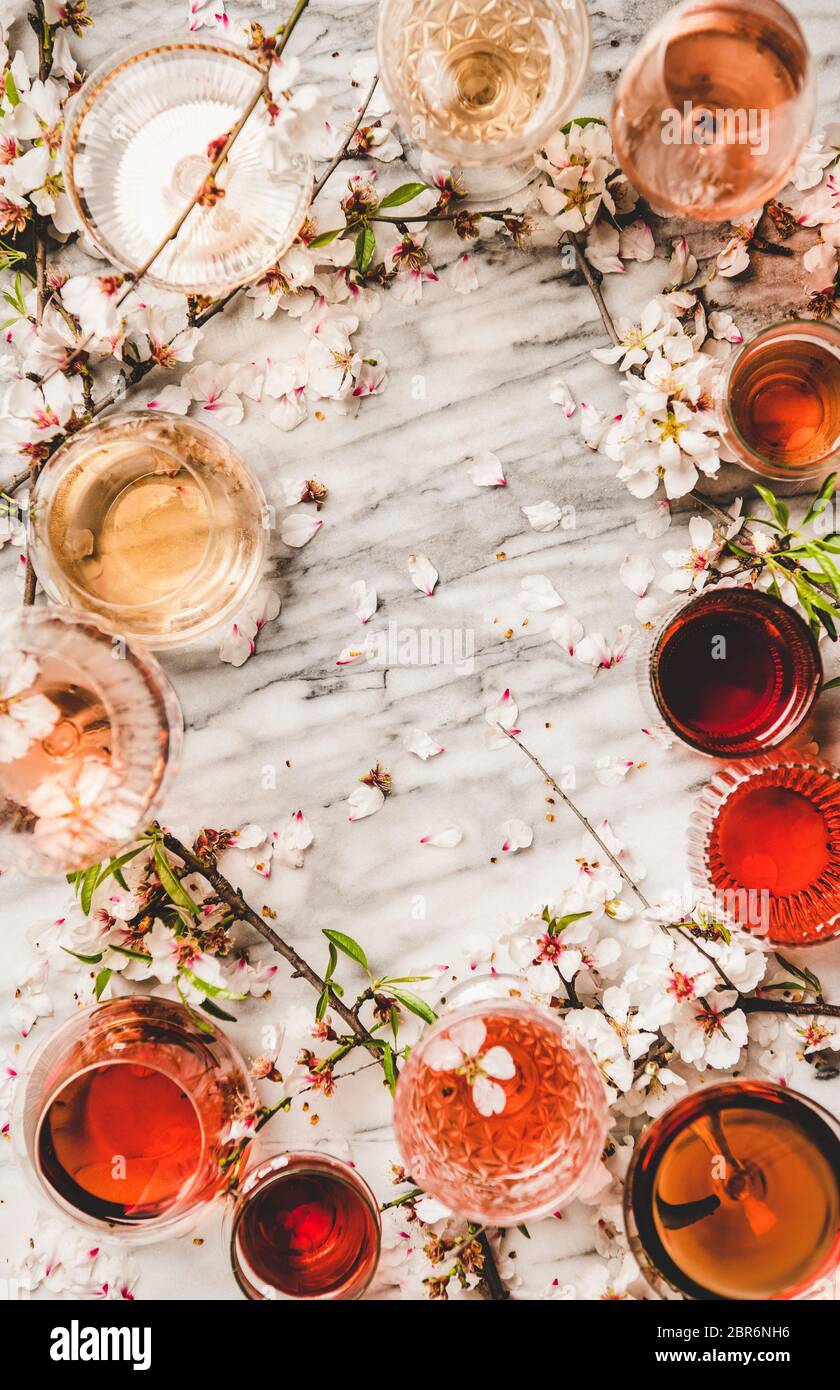 Various shades of rose wine. Flat-lay of rose wine of different colors ...